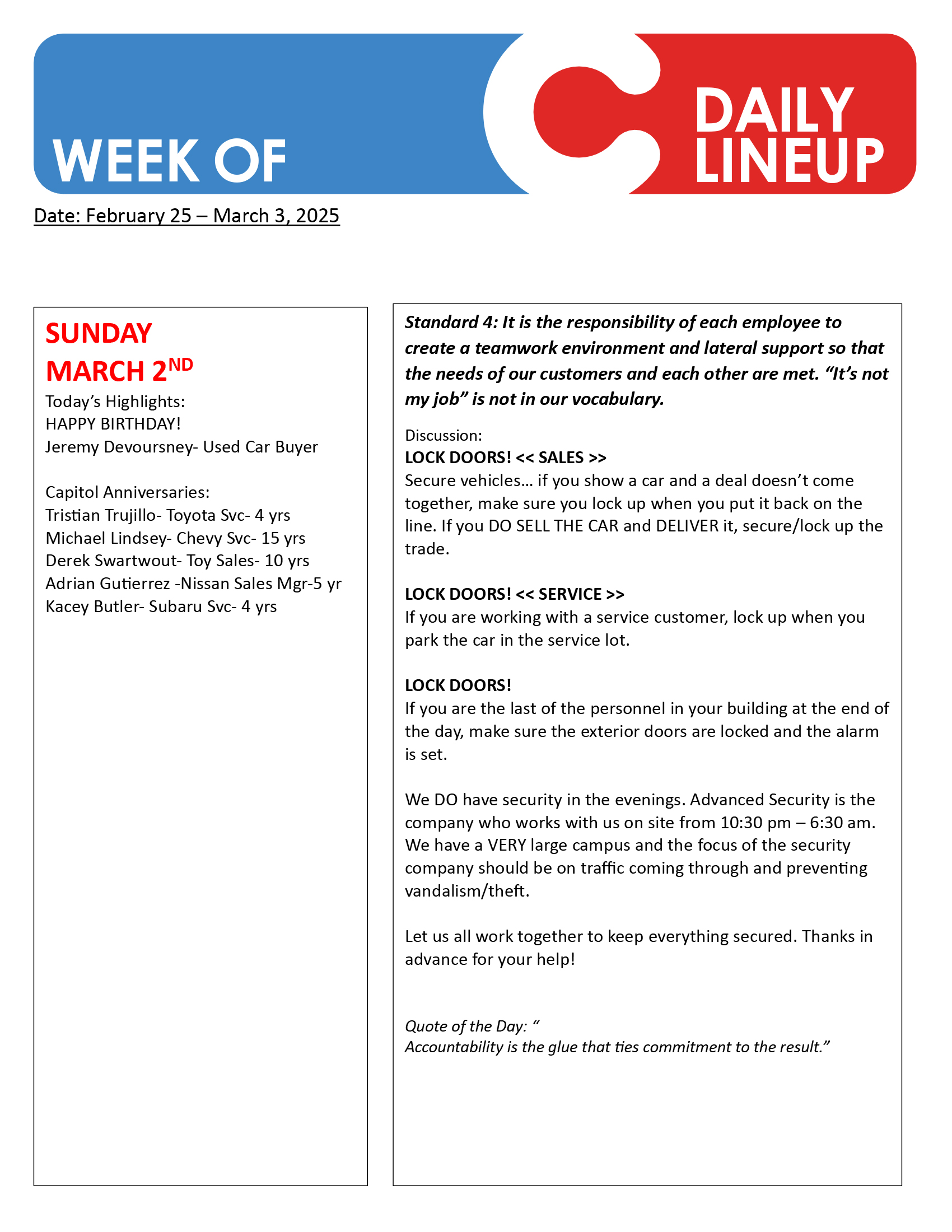 Daily Line Up at Capitol Auto Group – Stay Organized Today